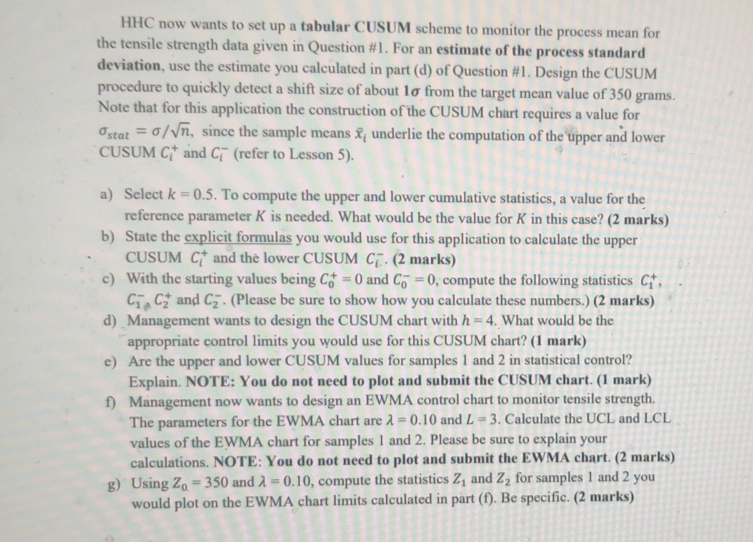 HHC now wants to set up a tabular CUSUM scheme to | Chegg.com