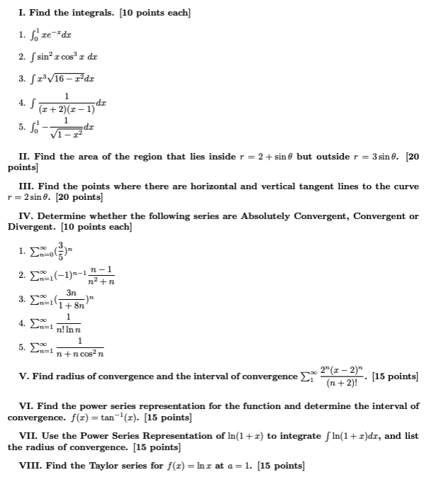 I. Find the integrals. [ 10 ﻿points each] \int_0^1 | Chegg.com