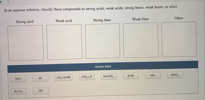 Solved In an aqueous solution, classify these compounds as | Chegg.com