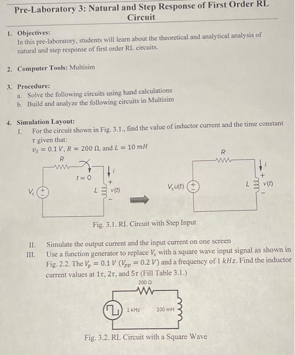 Solved Pre-Laboratory 3: Natural and Step Response of First | Chegg.com