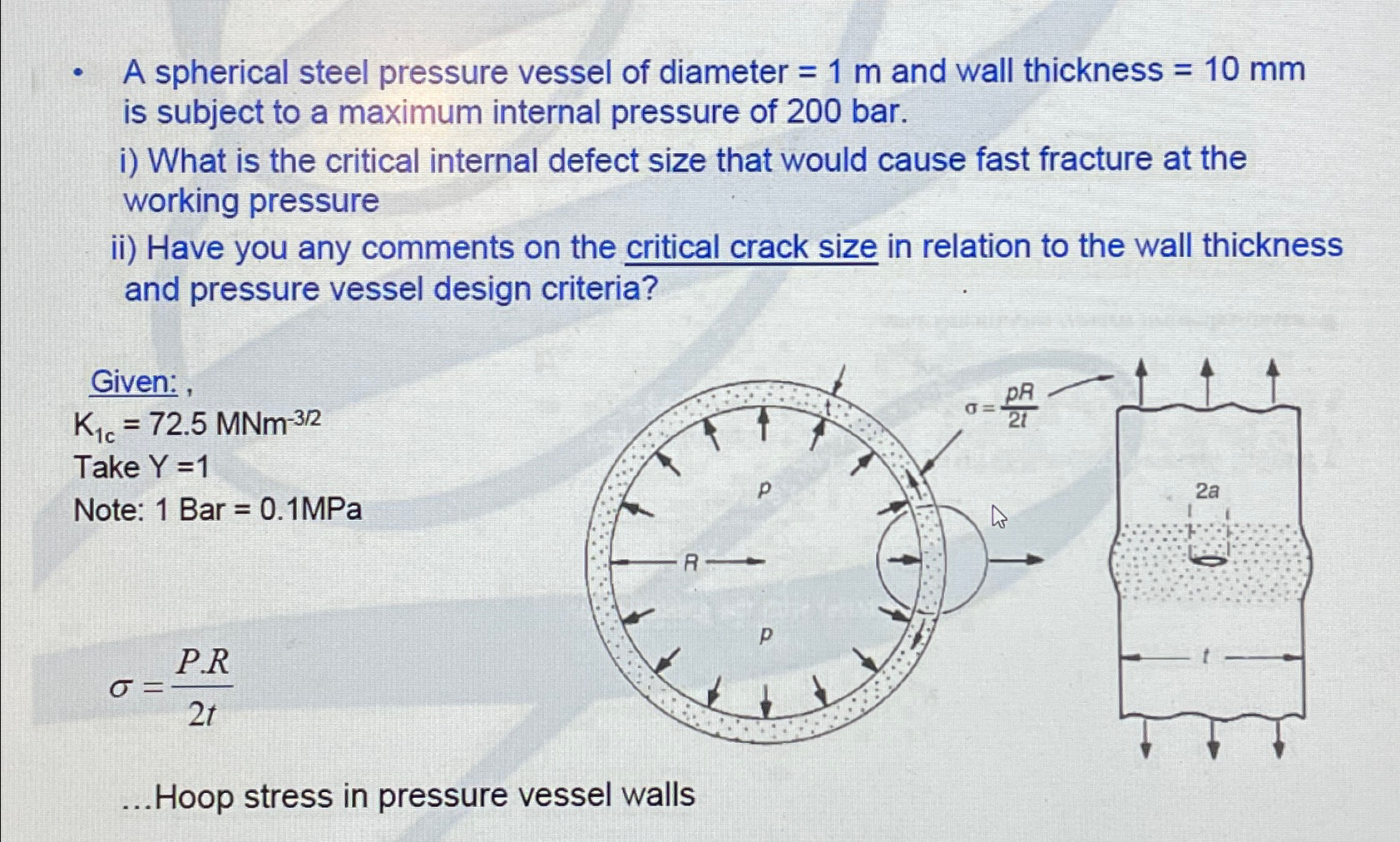 Solved A spherical steel pressure vessel of diameter =1m | Chegg.com