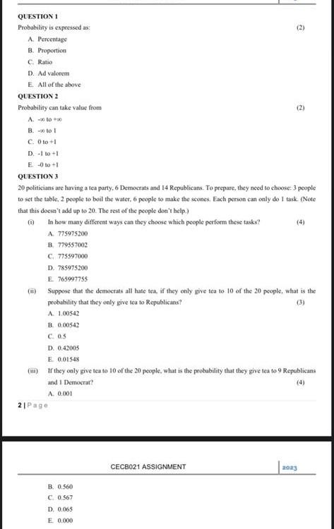 Solved QUESTION I Probability is expressed as: (2) A. | Chegg.com