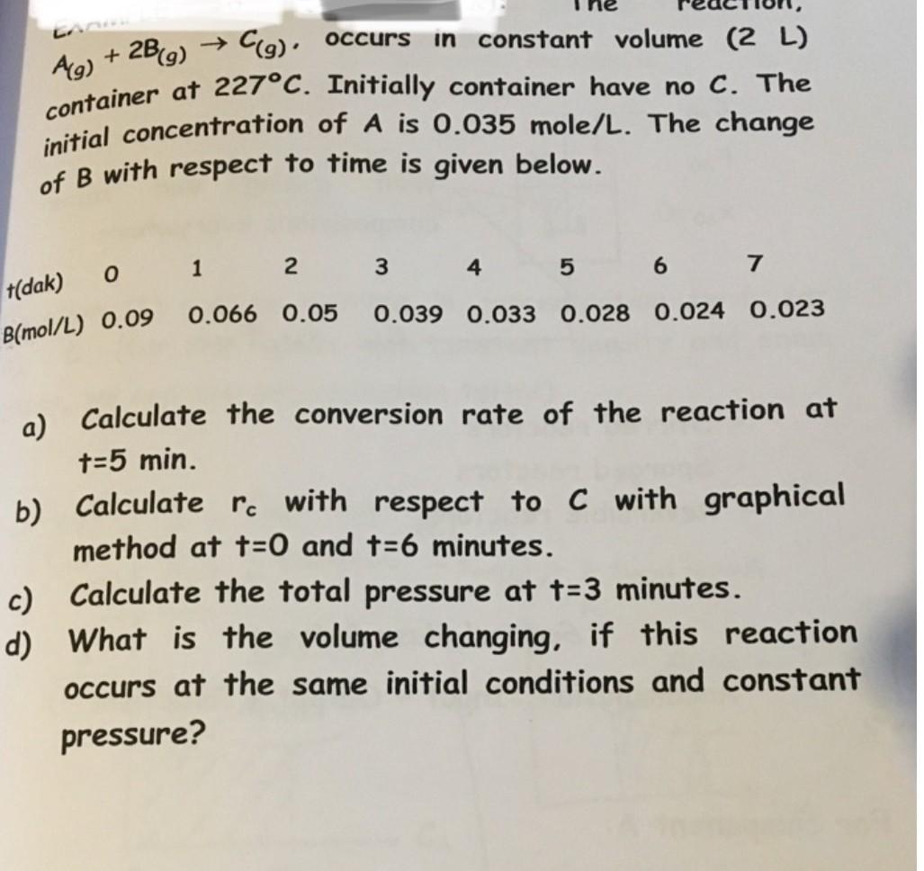 Solved A(g)+2B(g)→C(g), occurs in constant volume (2L) | Chegg.com