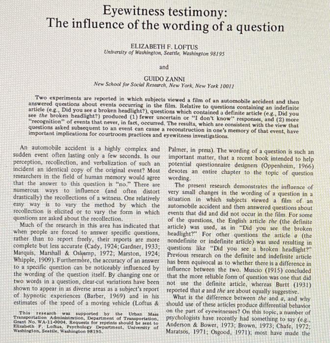 Solved Eyewitness testimony: The influence of the wording of | Chegg.com