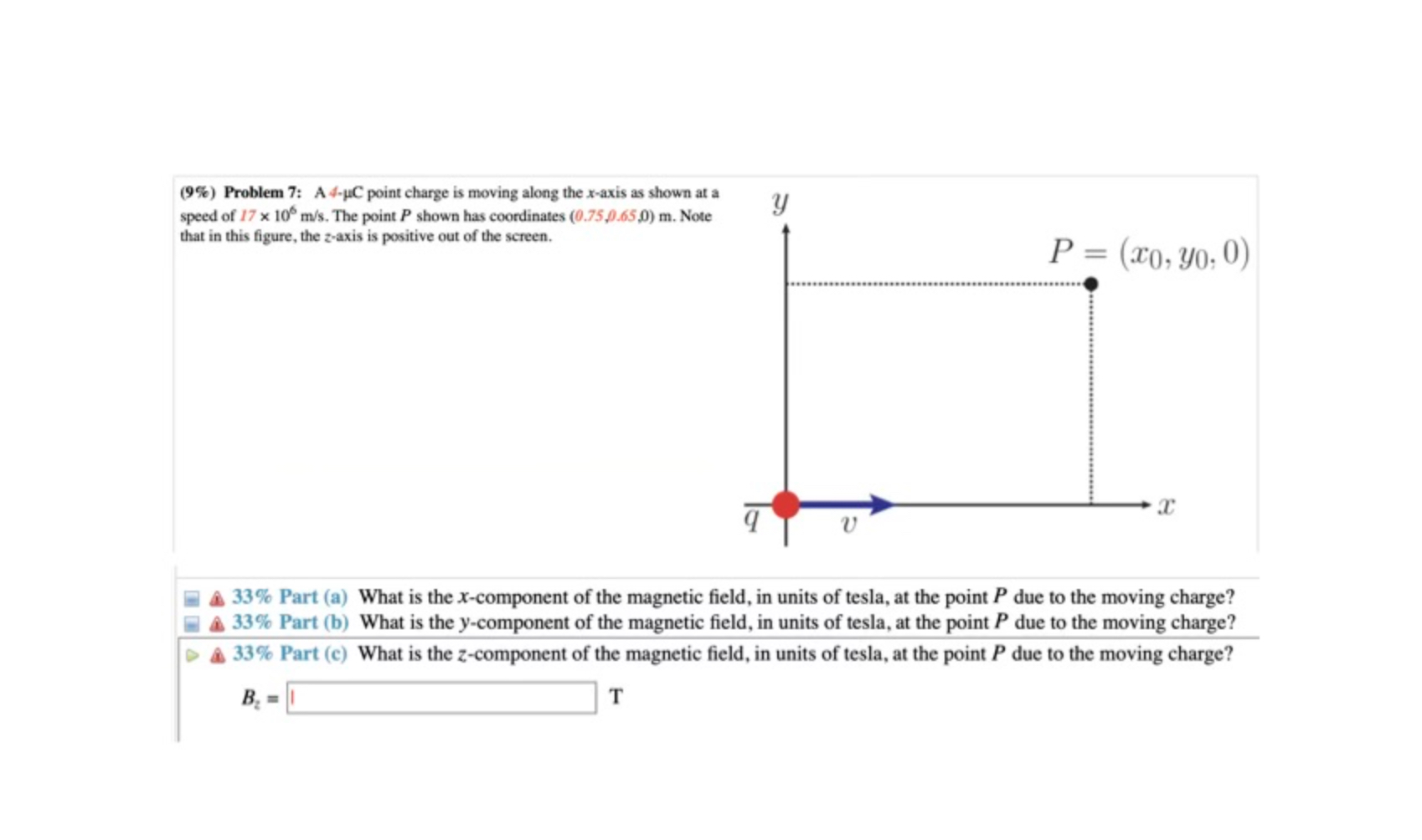 Solved (9%) ﻿Problem 7: A 4- μC ﻿point charge is moving | Chegg.com