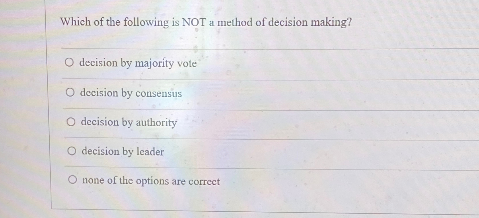 Solved Which of the following is NOT a method of decision | Chegg.com