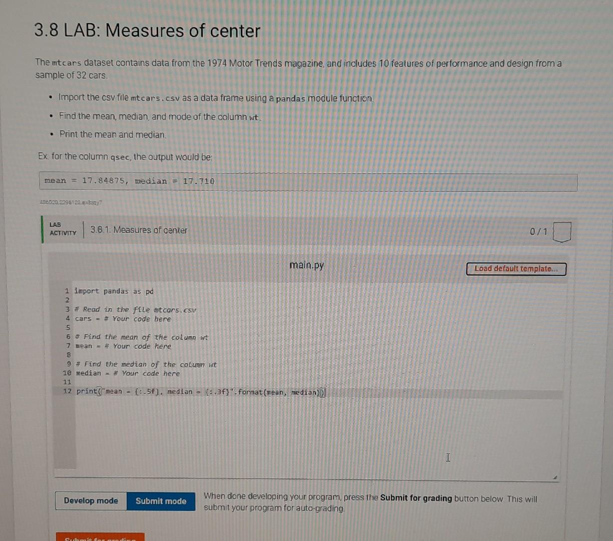 Solved 3.8 LAB: Measures of center The mtcars dataset | Chegg.com