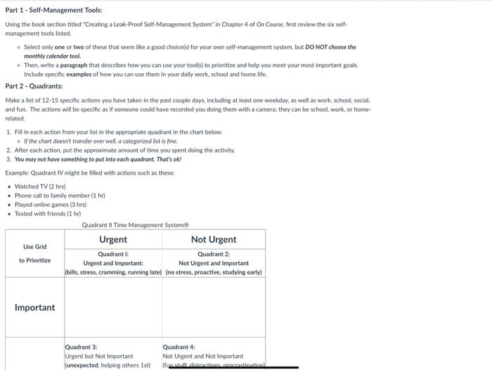 Solved Part 1 - Self-Management Tools: Using the book | Chegg.com