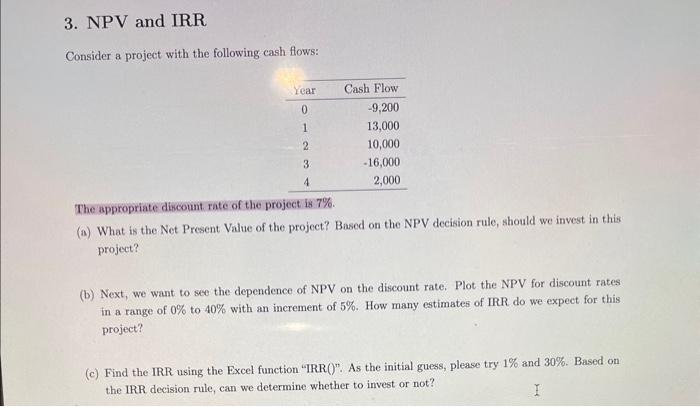 Solved 3. NPV and IRR Consider a project with the following | Chegg.com