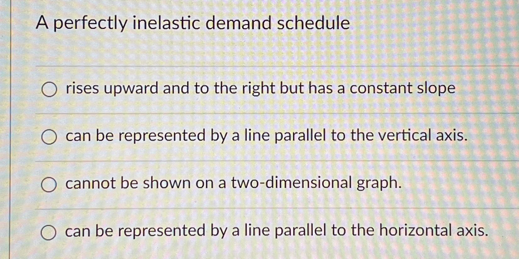 Solved A perfectly inelastic demand schedulerises upward and | Chegg.com