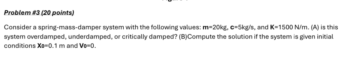Solved Problem #3 (20 ﻿points)Consider a spring-mass-damper | Chegg.com
