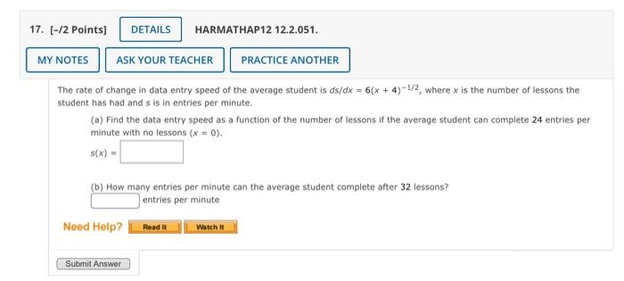 Solved The rate of change in data entry speed of the average | Chegg.com