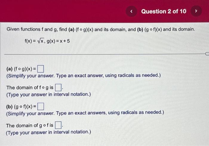 Solved Given functions f and g, find (a)(f∘g)(x) and its | Chegg.com