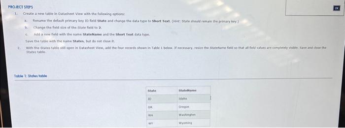 Solved PROJECT STEPS 1. Create a new table in omatheet view | Chegg.com