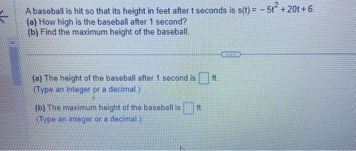 Solved A baseball is hit so that its height in feet after t | Chegg.com