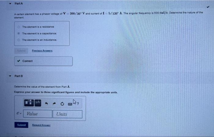 Solved Part A A certain element has a phasor voltage of V | Chegg.com