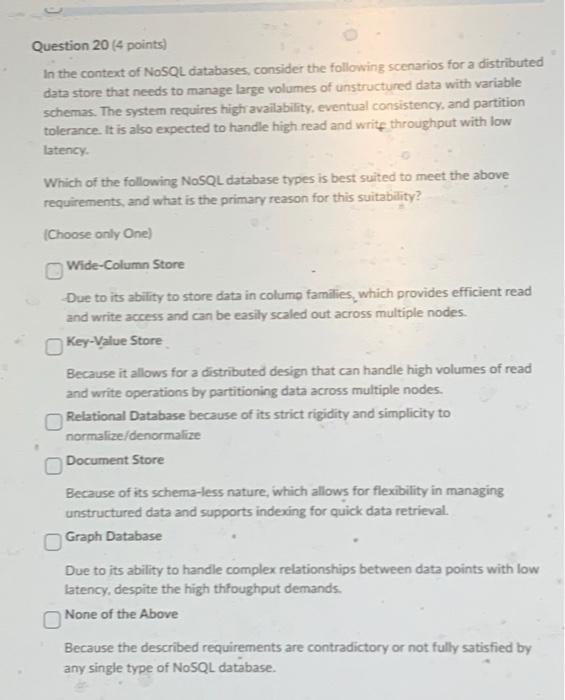 Solved Question 20 (4 points) In the context of NoSQL | Chegg.com