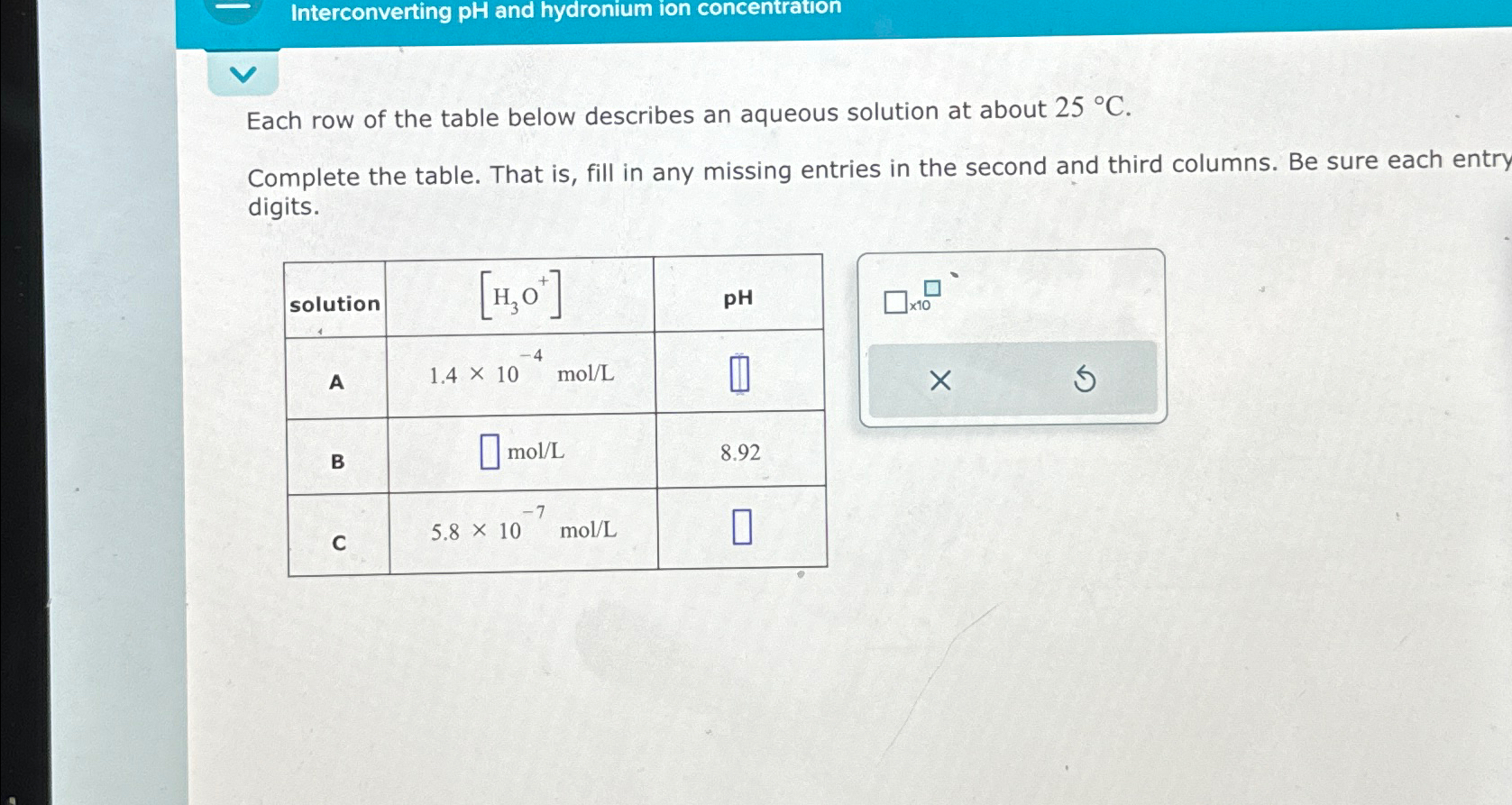 Solved Interconverting pH and hydronium ion | Chegg.com