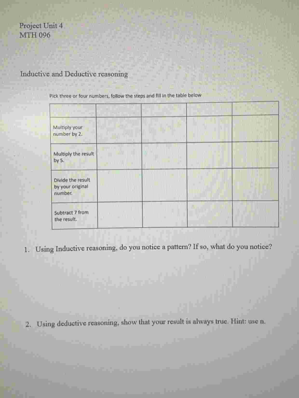 Project Unit 4 ﻿MTH 096 ﻿Inductive and Deductive | Chegg.com