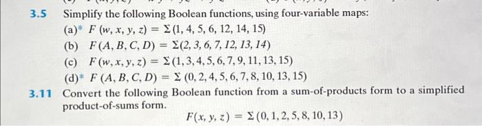 Solved 3.5 Simplify the following Boolean functions, using | Chegg.com