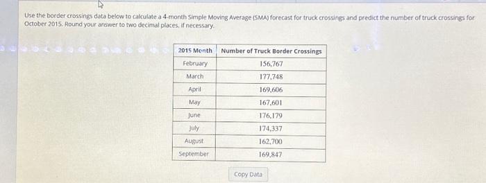 Solved Use the border crossings data below to calculate a | Chegg.com