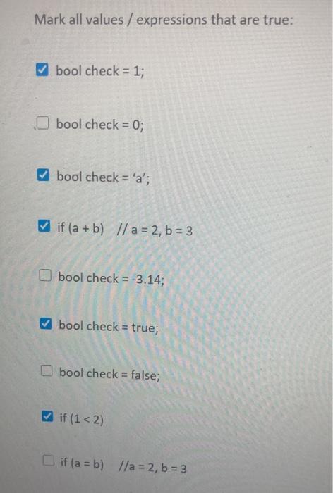 Solved Mark all values / expressions that are true: bool | Chegg.com