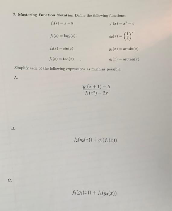 Solved 3. Mastering Function Notation Define the following | Chegg.com