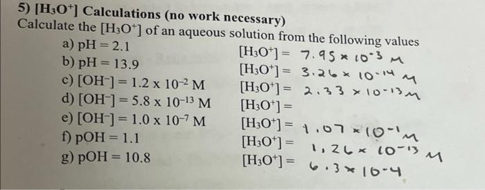 Solved M 5) [H3O+] Calculations (no work necessary) | Chegg.com