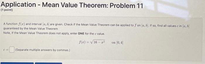 Application - Mean Value Theorem: Problem 6 (1 point) | Chegg.com