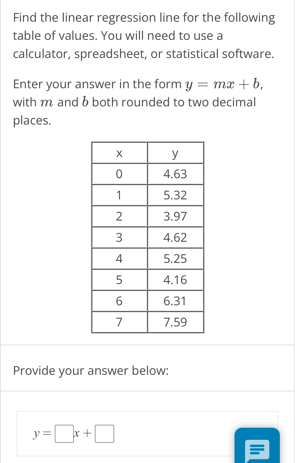 Solved Find the linear regression line for the following | Chegg.com