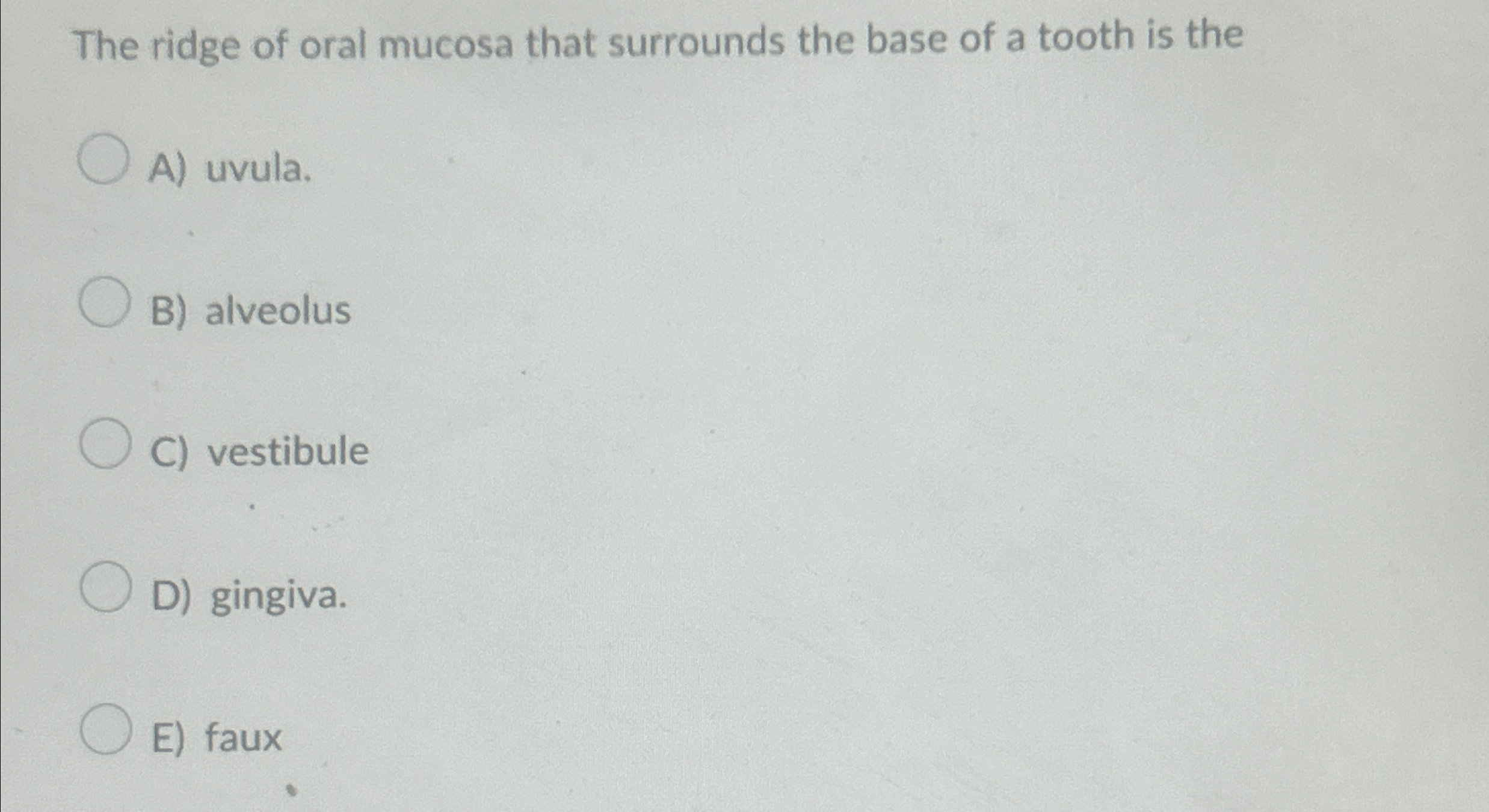 Solved The ridge of oral mucosa that surrounds the base of a | Chegg.com