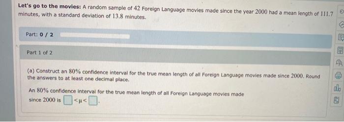 Solved Let's go to the movies: A random sample of 42 Foreign | Chegg.com Solved Let's go to the movies: A random sample of 42 Foreign | Chegg.com