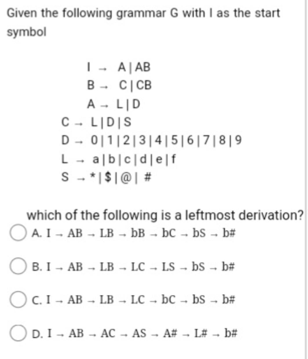 Solved Given the following grammar G with I as the start | Chegg.com