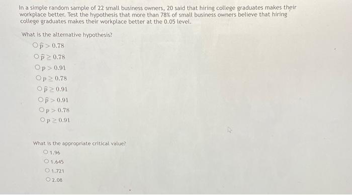 Solved In a simple random sample of 22 small business | Chegg.com