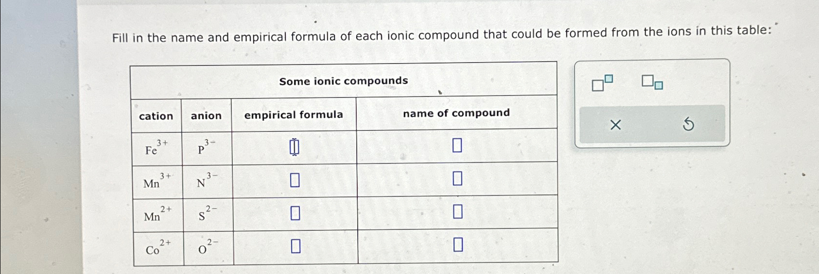 Solved Fill in the name and empirical formula of each ionic | Chegg.com