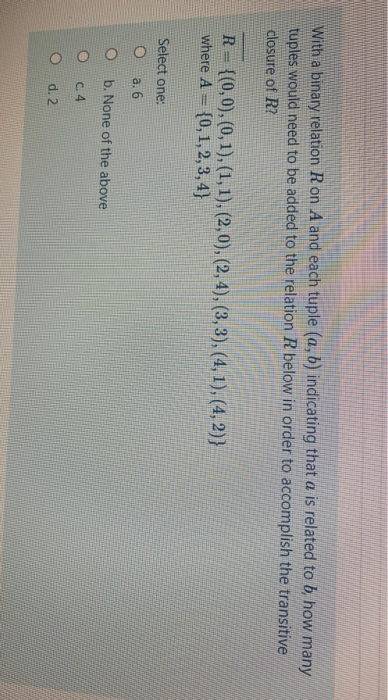 Solved With a binary relation Ron A and each tuple (a, b) | Chegg.com