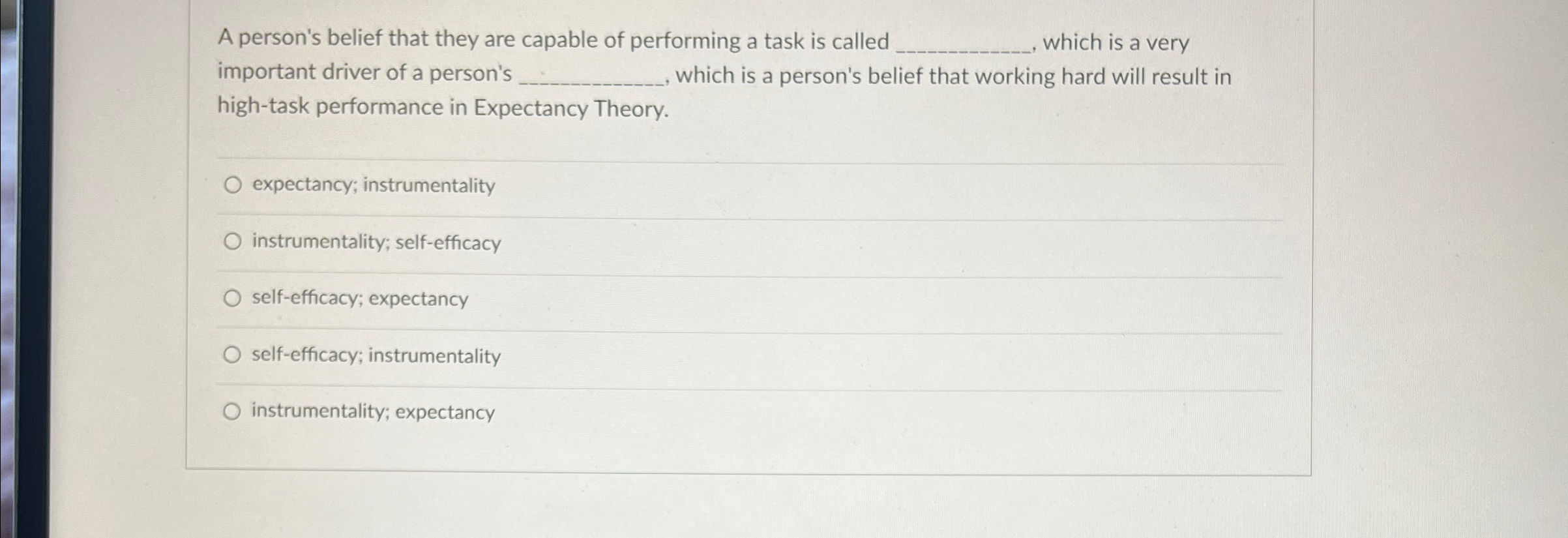 Solved A person's belief that they are capable of performing | Chegg.com