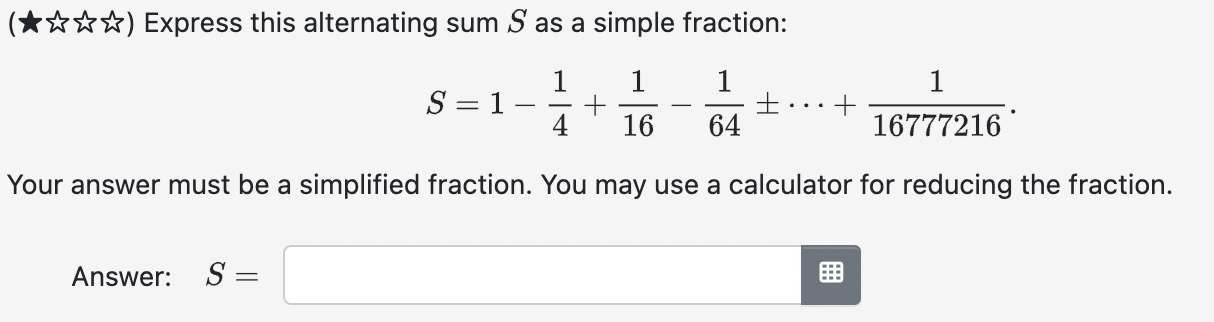 Solved (***↶↶) ﻿Express this alternating sum S ﻿as a simple | Chegg.com