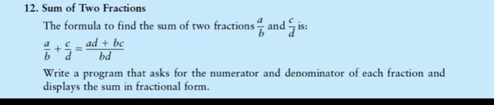Solved 12. Sum of Two Fractions The formula to find the sum | Chegg.com
