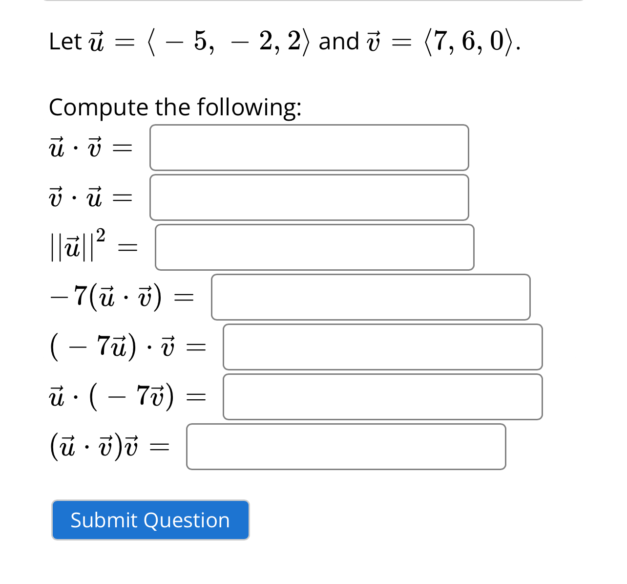 Solved Let vec(u)=(:-5,-2,2:) ﻿and vec(v)=(:7,6,0:). | Chegg.com