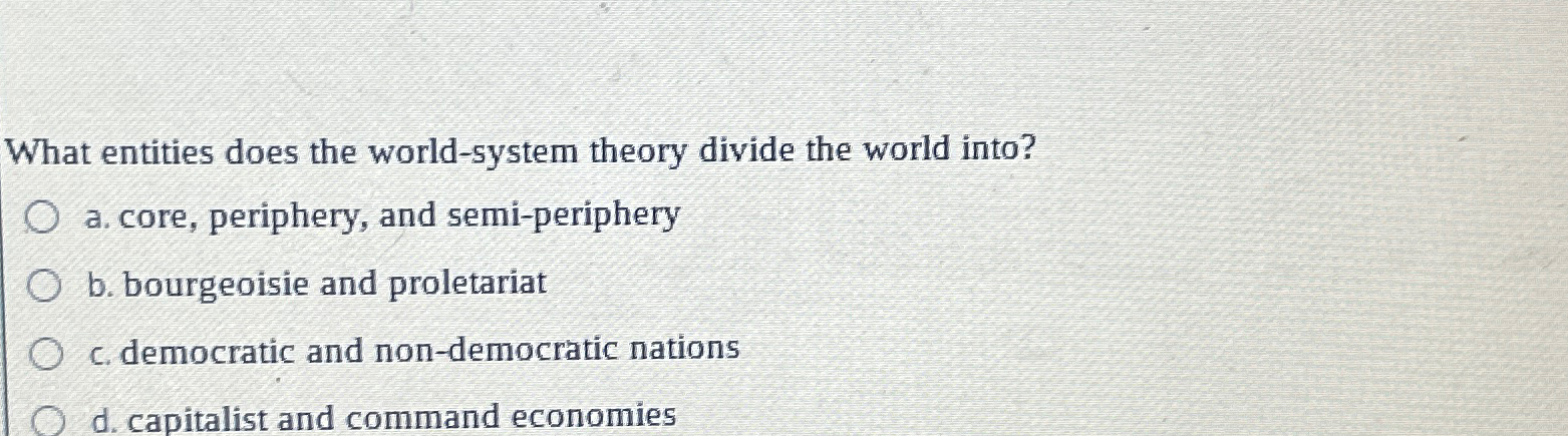 Solved What entities does the world-system theory divide the | Chegg.com