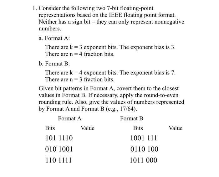 Solved 1. Consider the following two 7-bit floating-point | Chegg.com