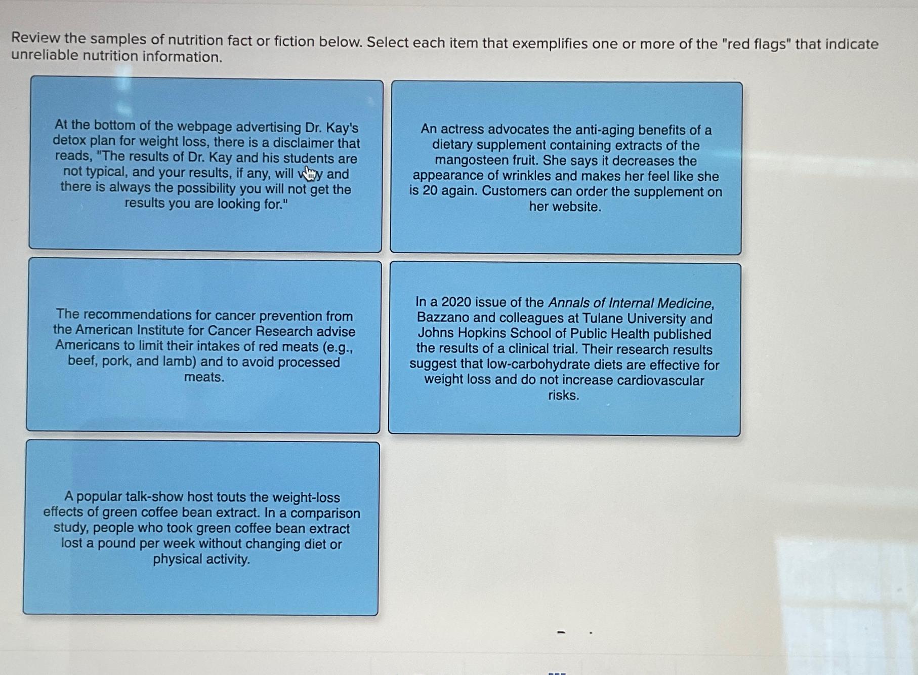 Solved Review the samples of nutrition fact or fiction | Chegg.com