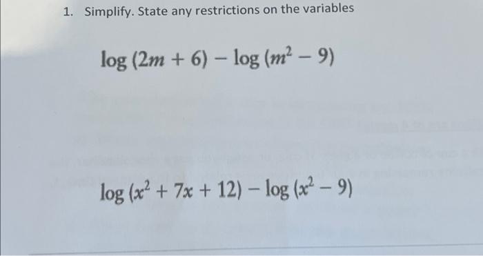 Solved 1. Simplify. State any restrictions on the variables | Chegg.com