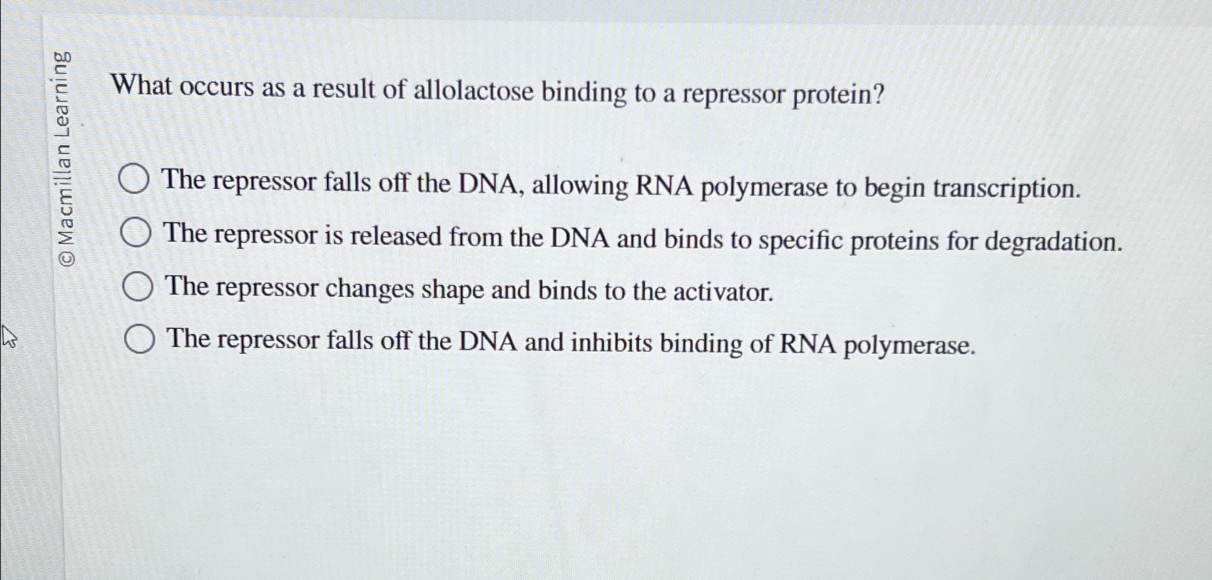 Solved What occurs as a result of allolactose binding to a | Chegg.com