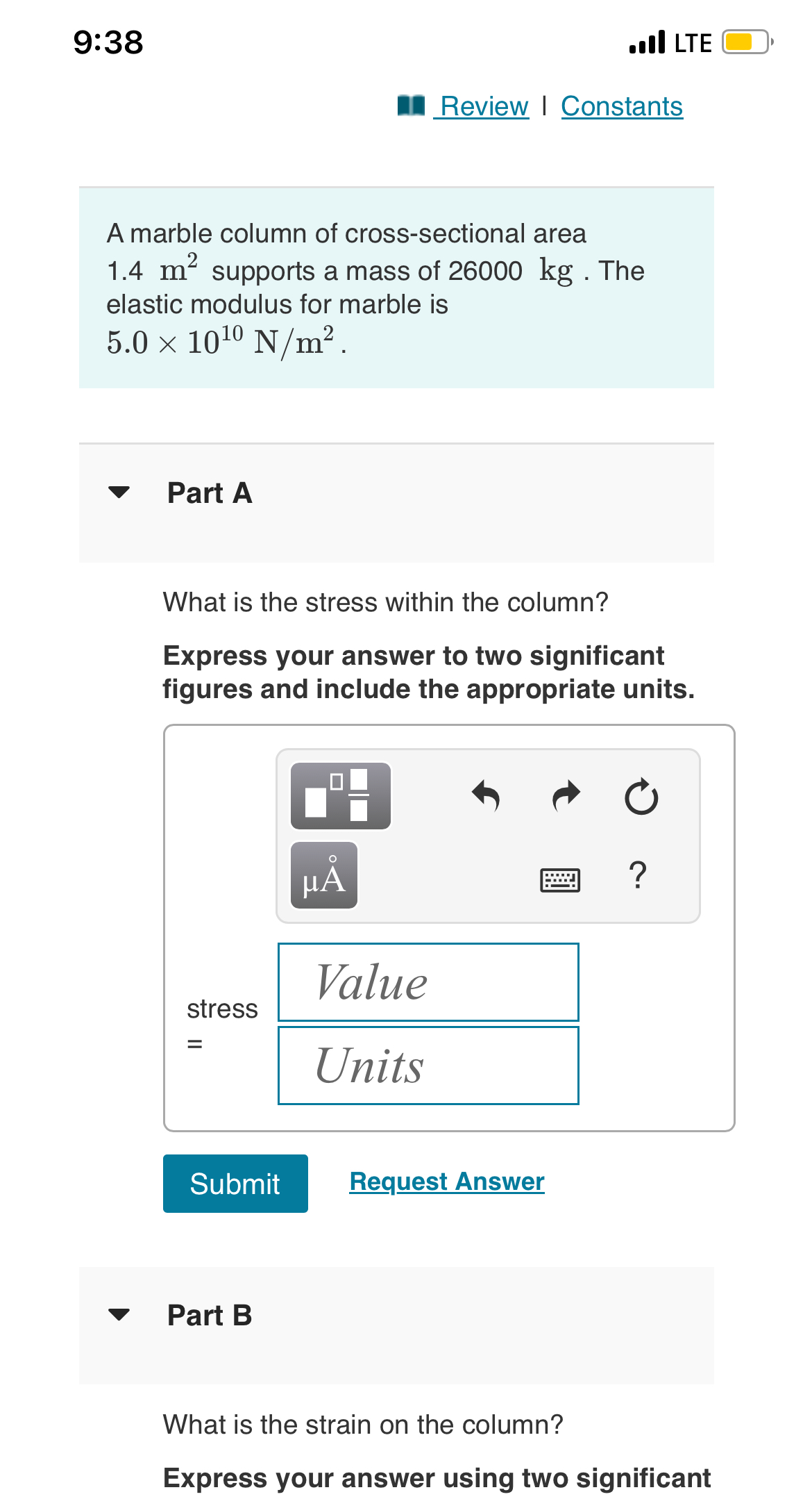 Solved 9:38LTEReviewConstantsA marble column of | Chegg.com