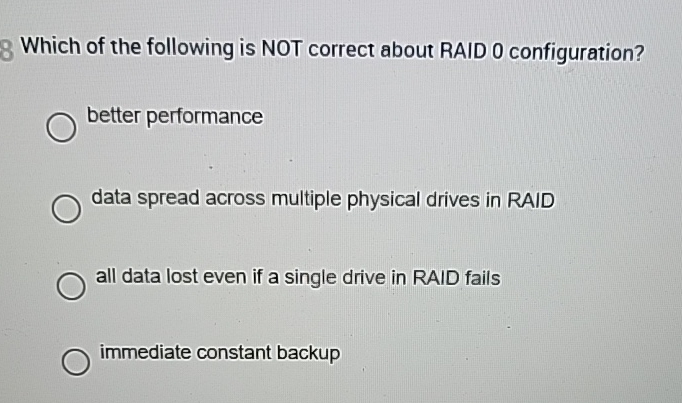 Solved Which of the following is NOT correct about RAID 0 | Chegg.com