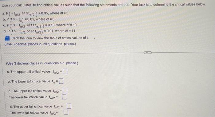 Solved Use your calculator to find critical values such that | Chegg.com