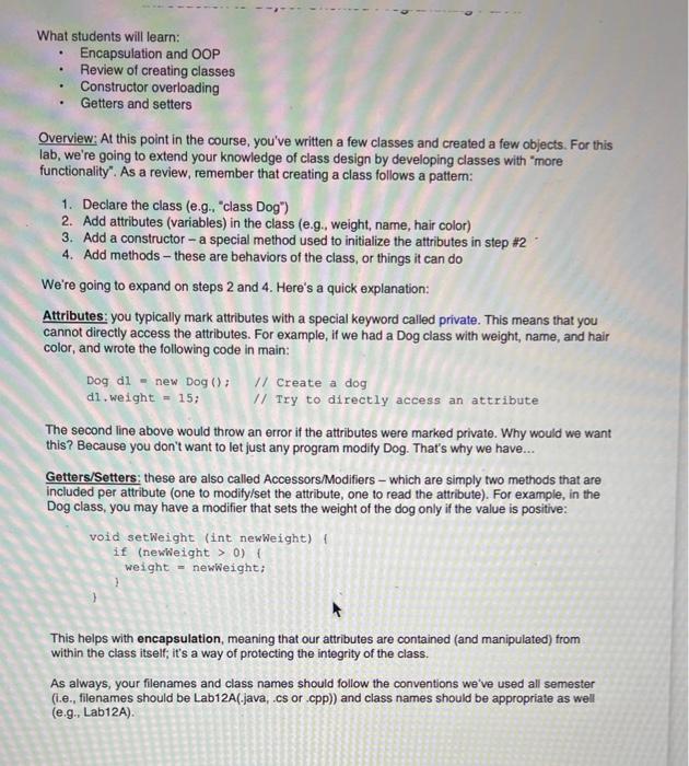 Solved What students will learn: Encapsulation and OOP | Chegg.com