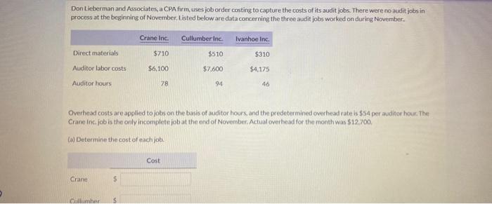 Solved Don Lieberman and Associates, a CPA firm, uses job | Chegg.com